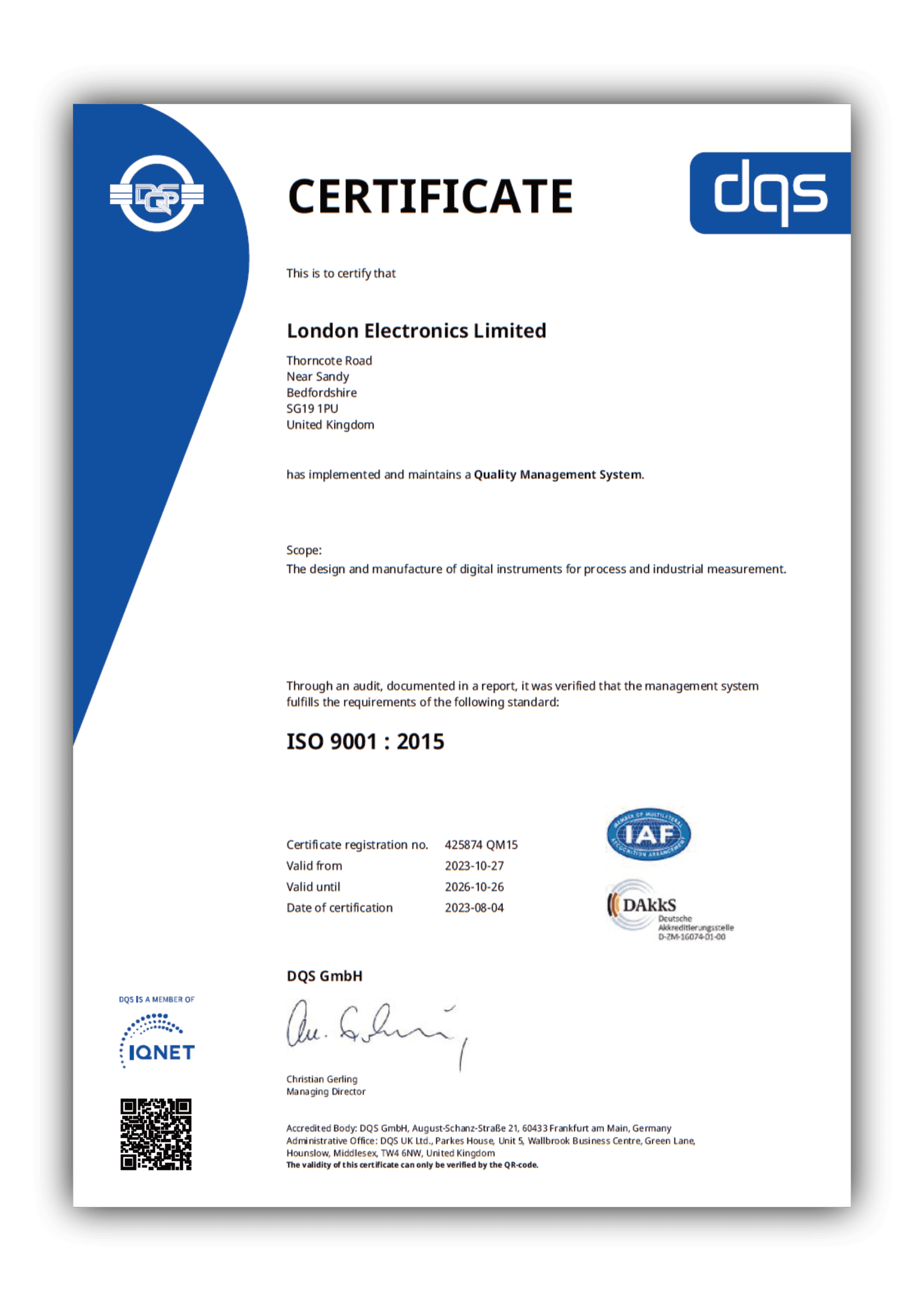 Download ISO9001 Certificates | London Electronics